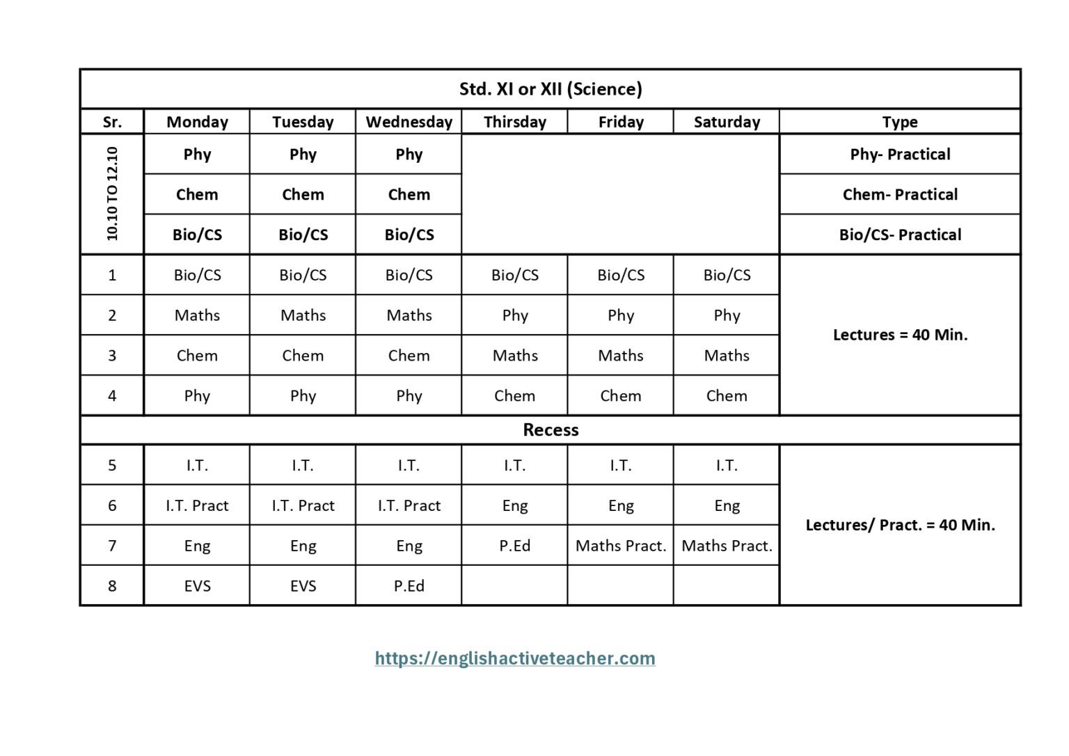 Time Table for Jr College