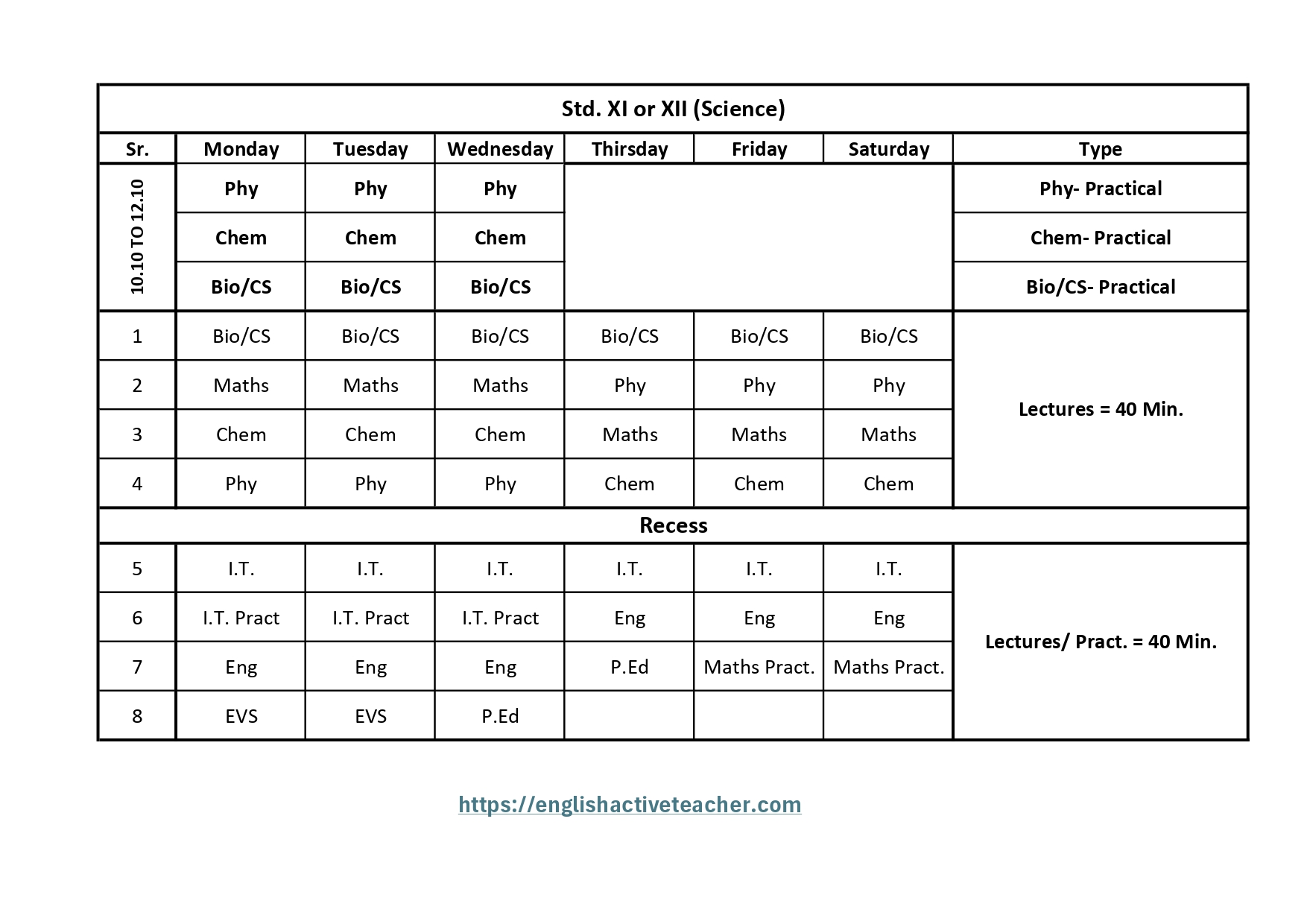 Time Table for Jr College